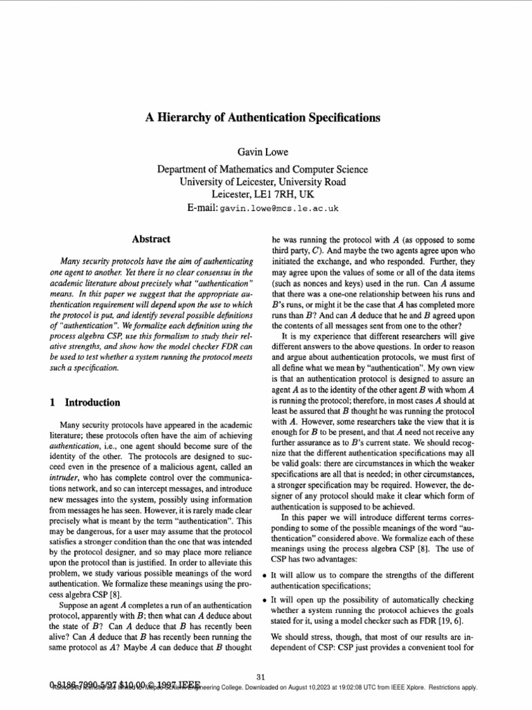 A Hierarchy Of Authentication Specifications Pdf Authentication