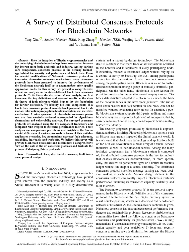 A Survey Of Distributed Consensus Protocols For Blockchain Networks Pdf Cryptocurrency Bitcoin