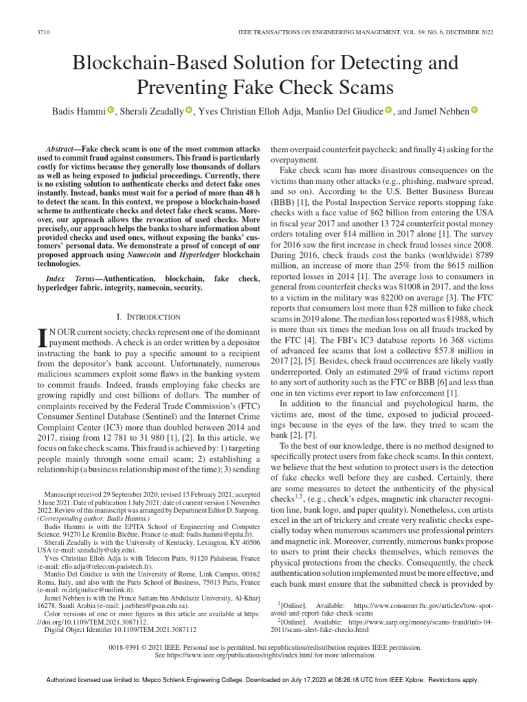 Blockchain-Based Solution For Detecting and Preventing Fake Check Scams ...