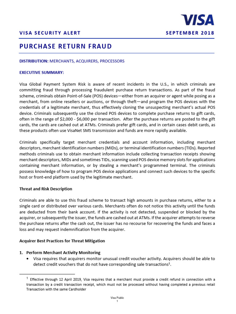Visa Security Alert Refund Fraud | PDF | Credit Card | Point Of Sale