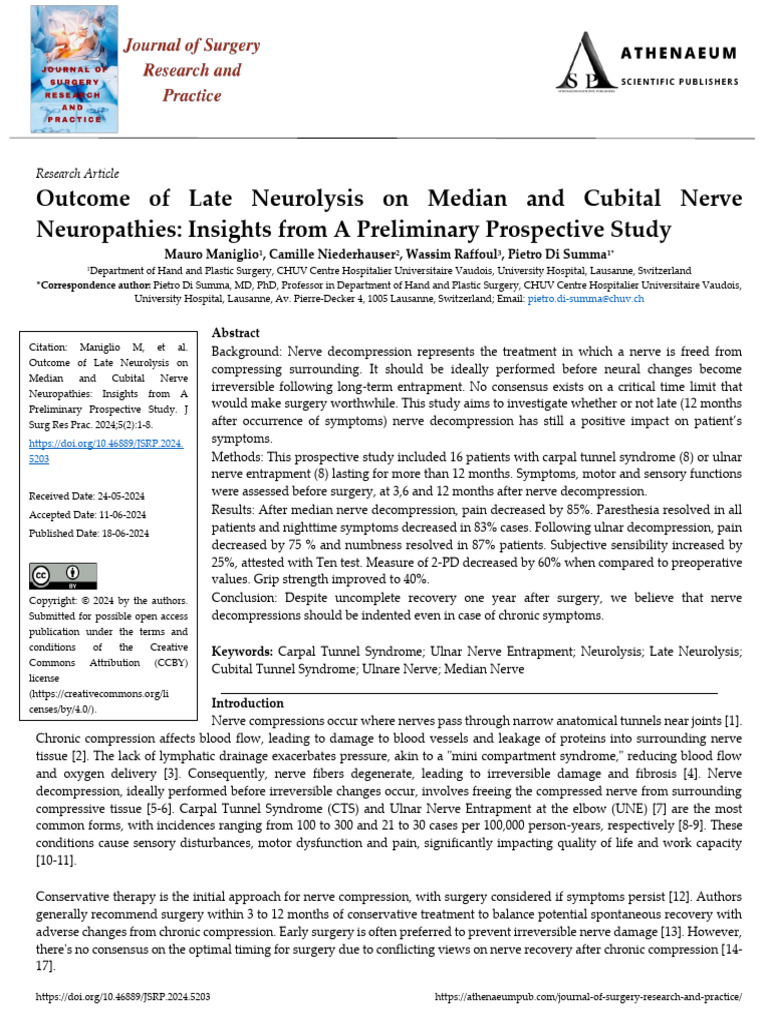 Outcome of Late Neurolysis On Median and Cubital Nerve Neuropathies ...