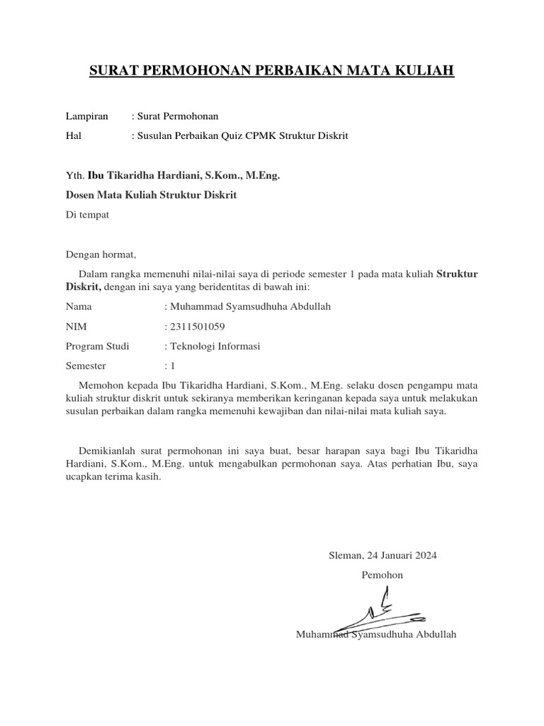 Surat Permohonan Perbaikan Mata Kuliah | PDF