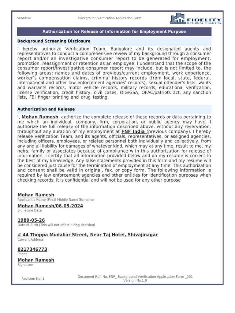 FNF BGV Form | Download Free PDF | Background Check | Justice