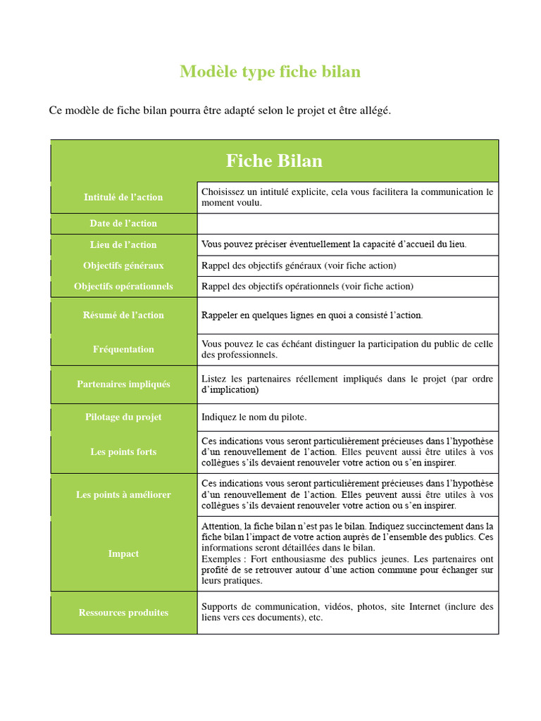 Modèle de fiche bilan d'action | PDF | la communication