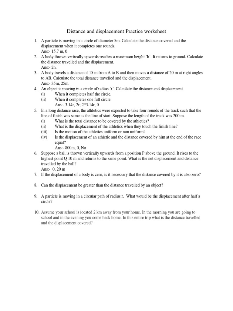 Distance and Displacement Worksheet | PDF