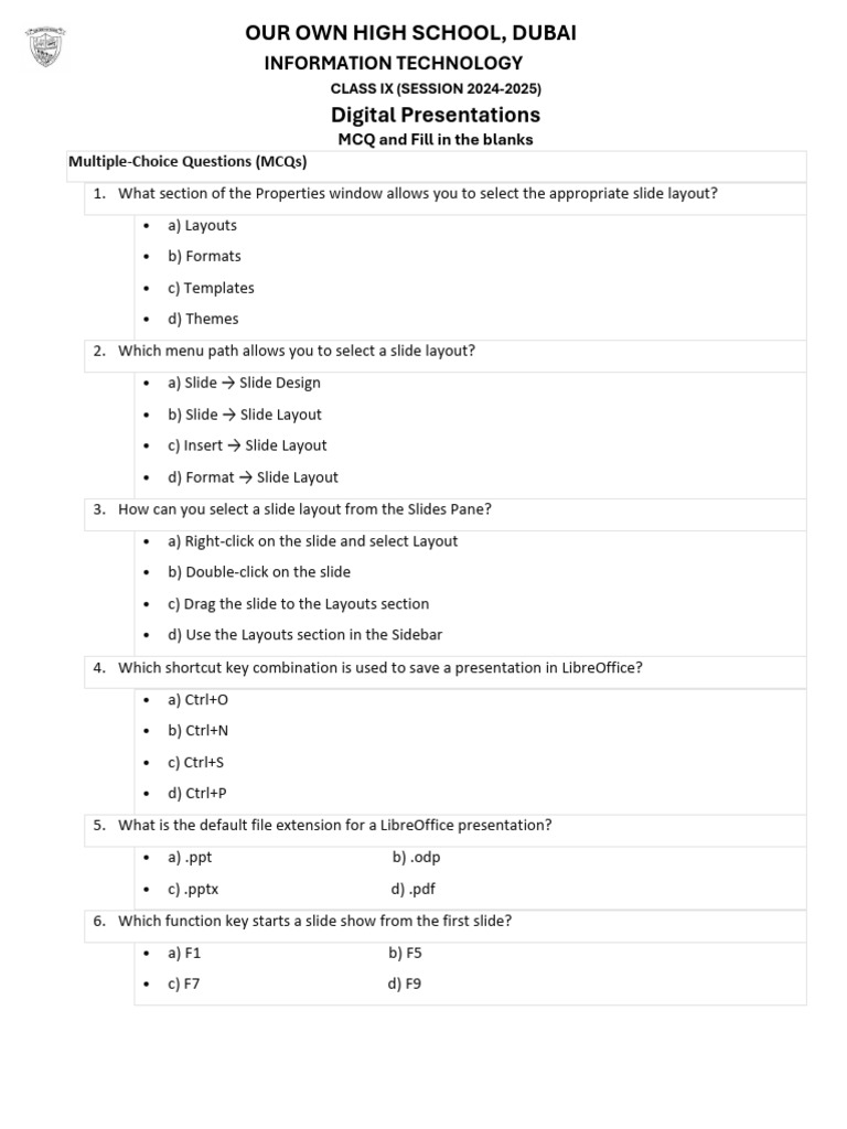 Libre Office Impress MCQ and Fill in The Blanks | PDF | Computer ...