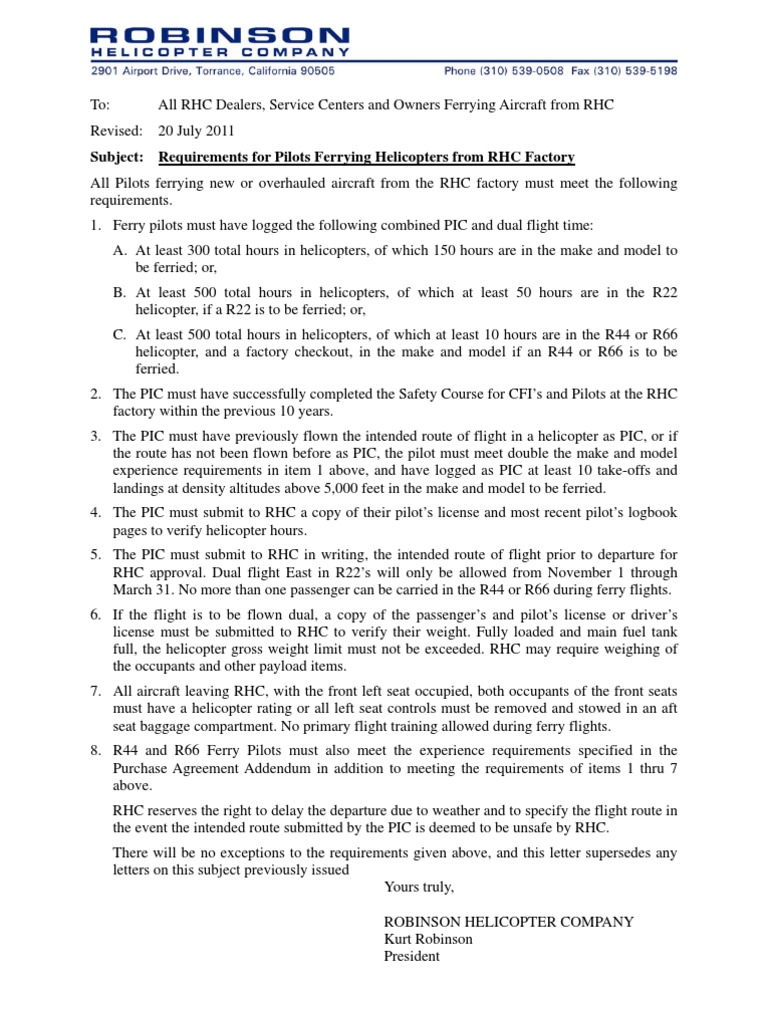 Ferry Pilot Requirements for RHC Helicopters | PDF | Helicopter | Pilot ...