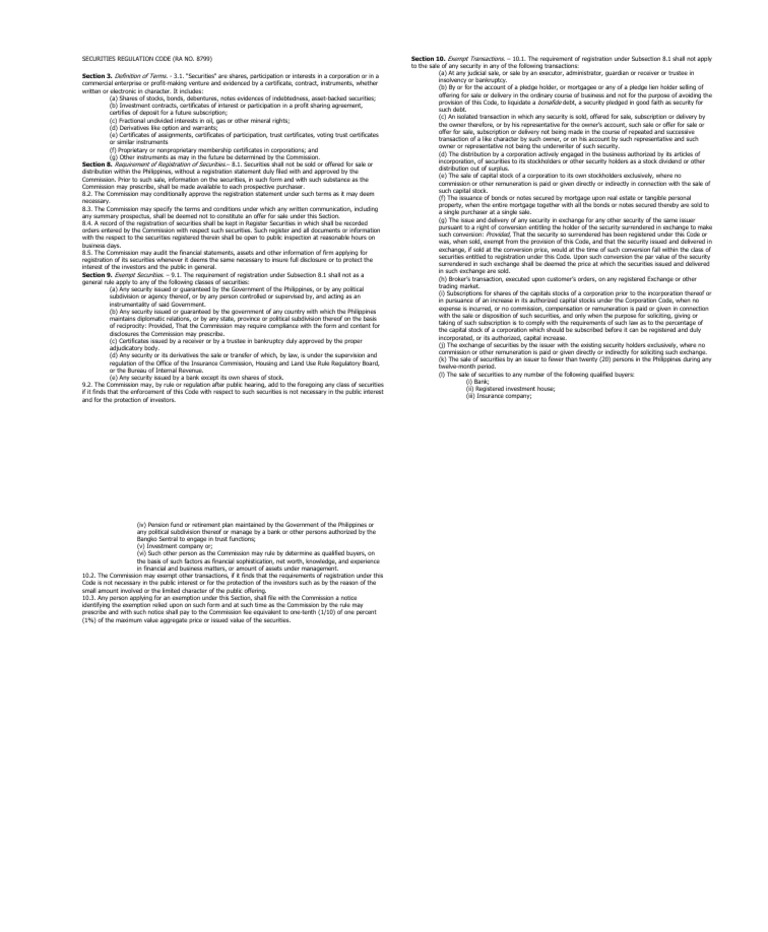 SECURITIES REGULATION CODE | PDF | Securities (Finance) | Stocks