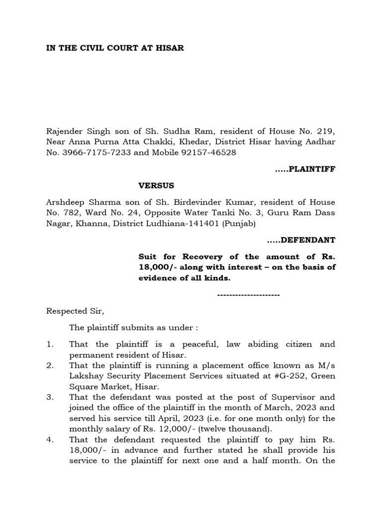 Rajender Vs Arshdeep (Suit For Recovery) | PDF | Cheque | Justice