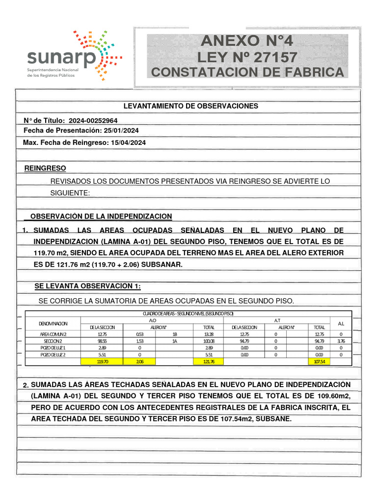 ANEXO 04-LEVANTAMIENTO DE OBSERVACIONES-INDEPENDIZACION-LOS OLIVOS | PDF