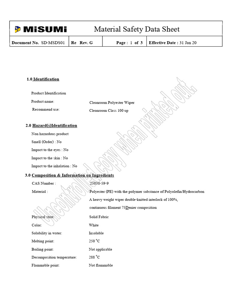 MSM-MSDS Wiper For Cleanroom-Polyester140 GSM | PDF | Waste Management | Carbon Dioxide