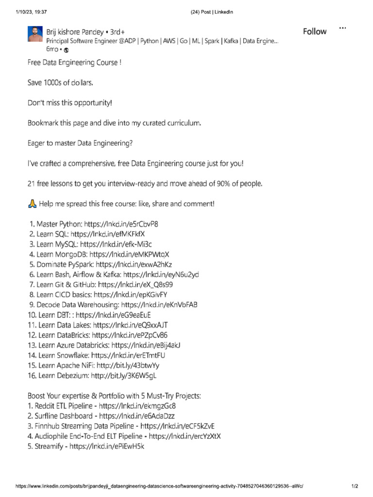 FreeSources To Become Data Engineer 2023 | PDF