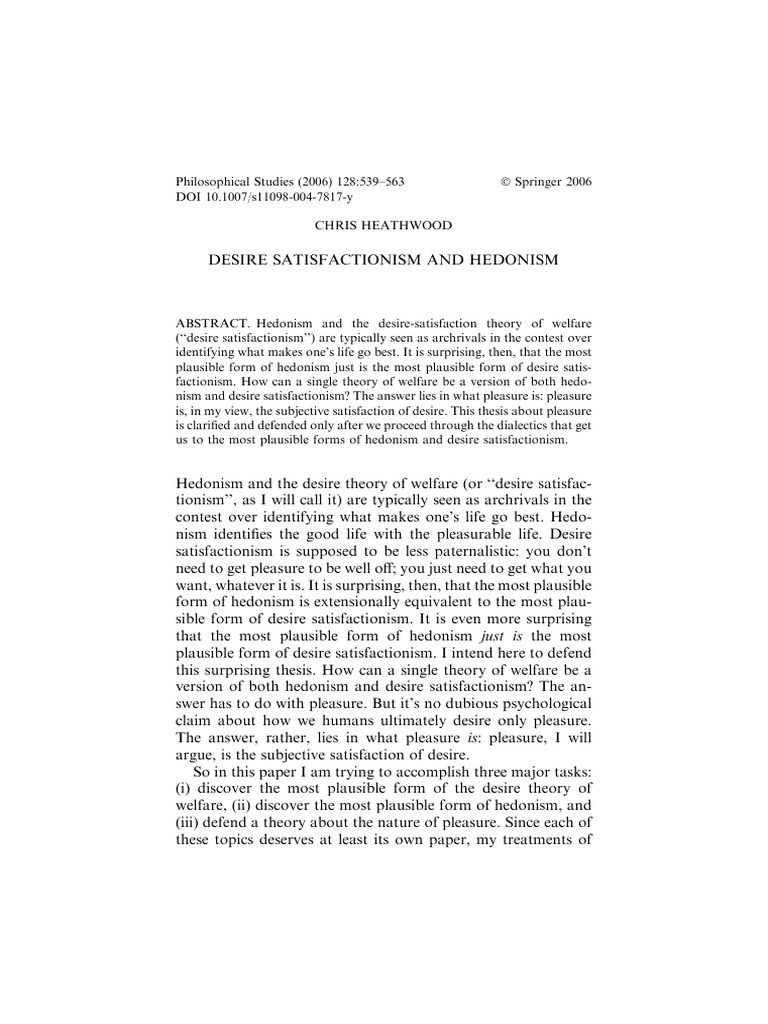 Desire Satisfactionism and Hed | PDF | Pleasure | Hedonism