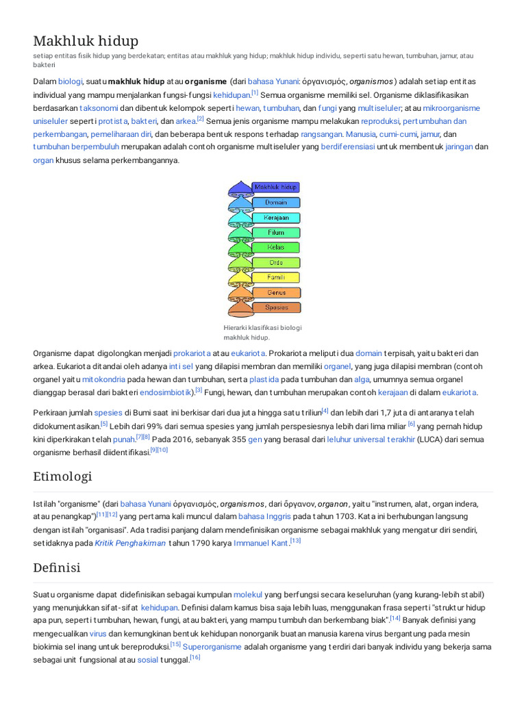 Makhluk Hidup - Wikipedia Bahasa Indonesia, Ensiklopedia Bebas | PDF
