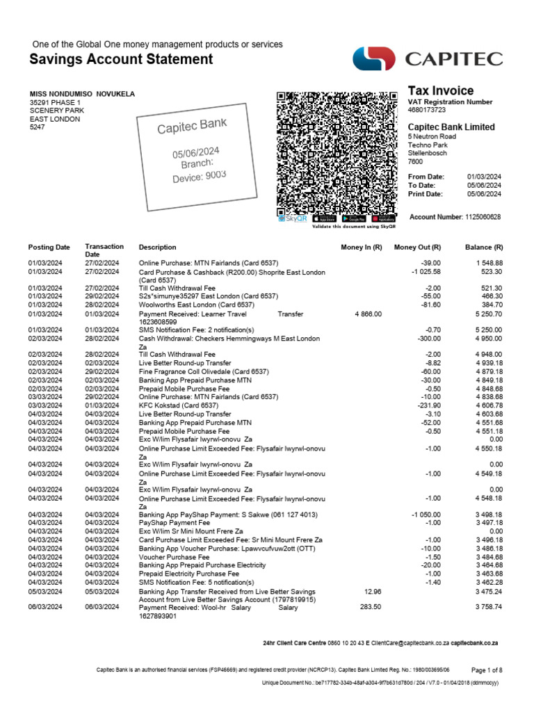 Capitec Bank Statement Overview | PDF | Debit Card | Credit Card