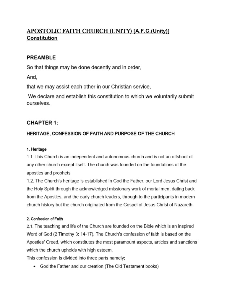 Apostolic Faith Church Constitution | PDF | Baptism | Christian Church