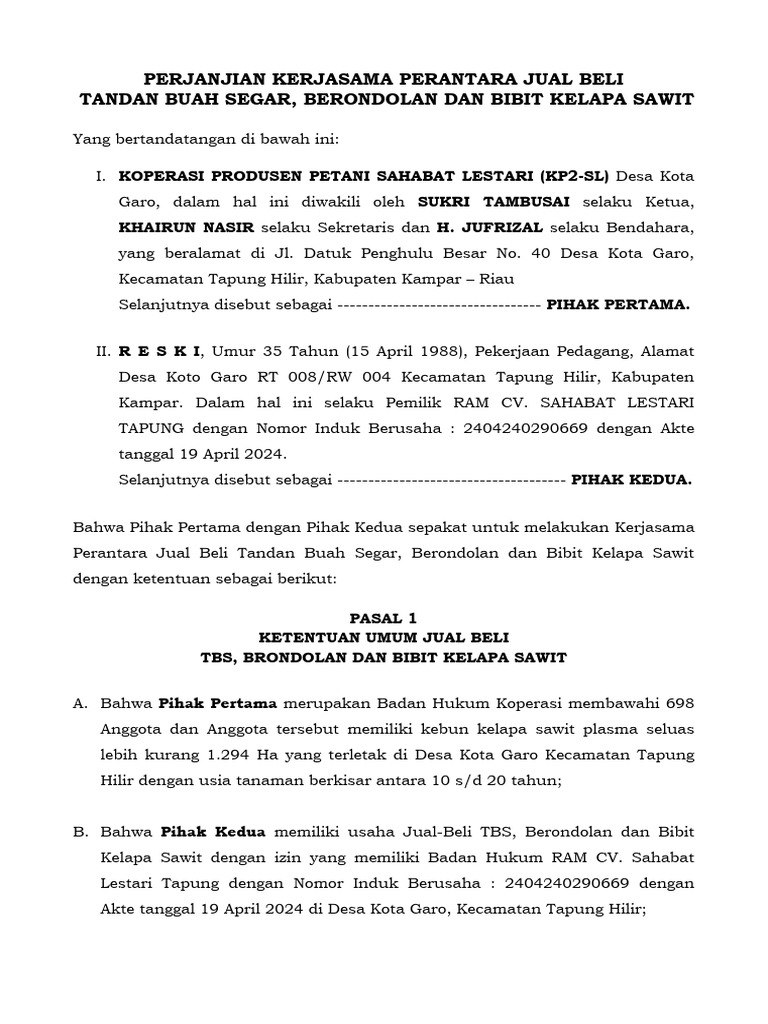 Perjanjian Kerjasama Penjualan TBS Ram CV Sahabat Lestari Tapung | PDF