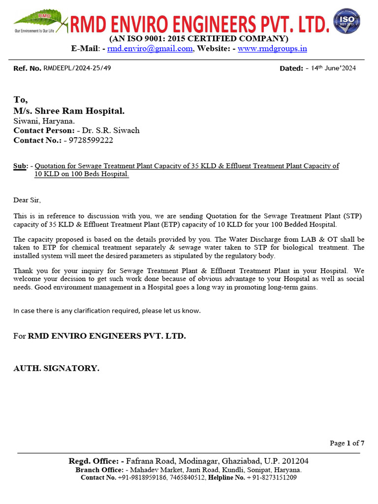 STP & ETP Quotation for Hospital | PDF | Pump | Gas Technologies