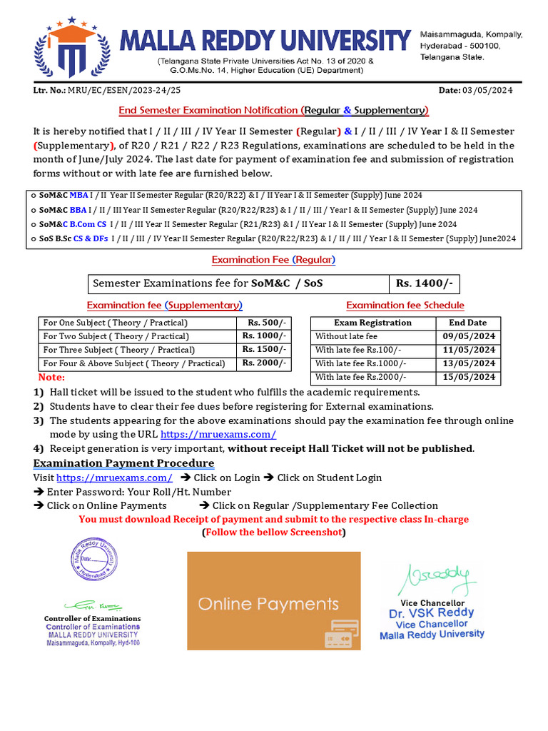 SoS - SoM&C Regular & Supplementary - End Semester Examination Notification | PDF