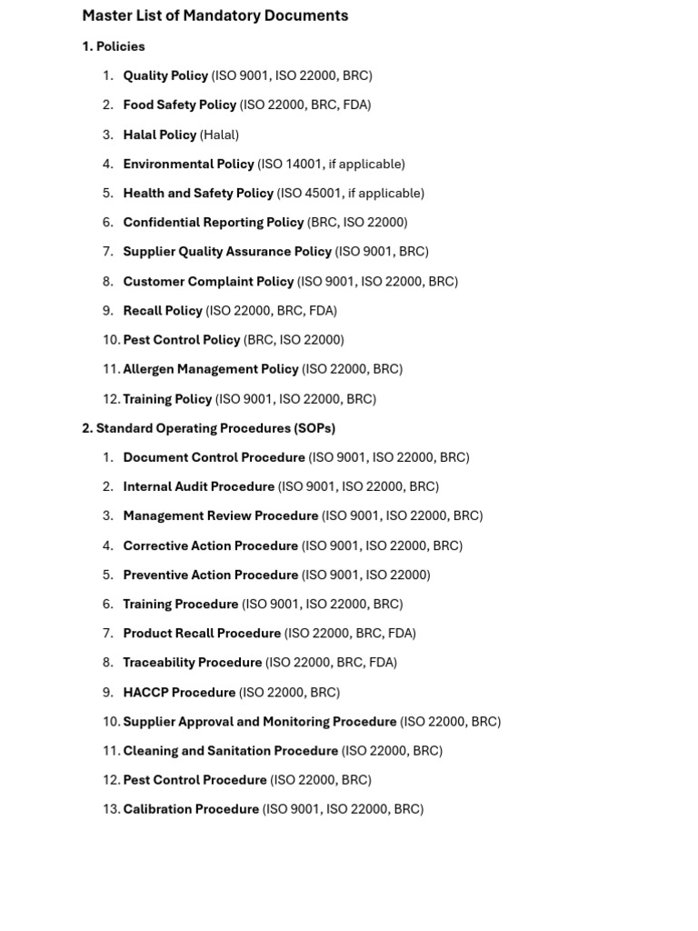 Master List of Mandatory Documents | PDF | Iso 9000 | Safety