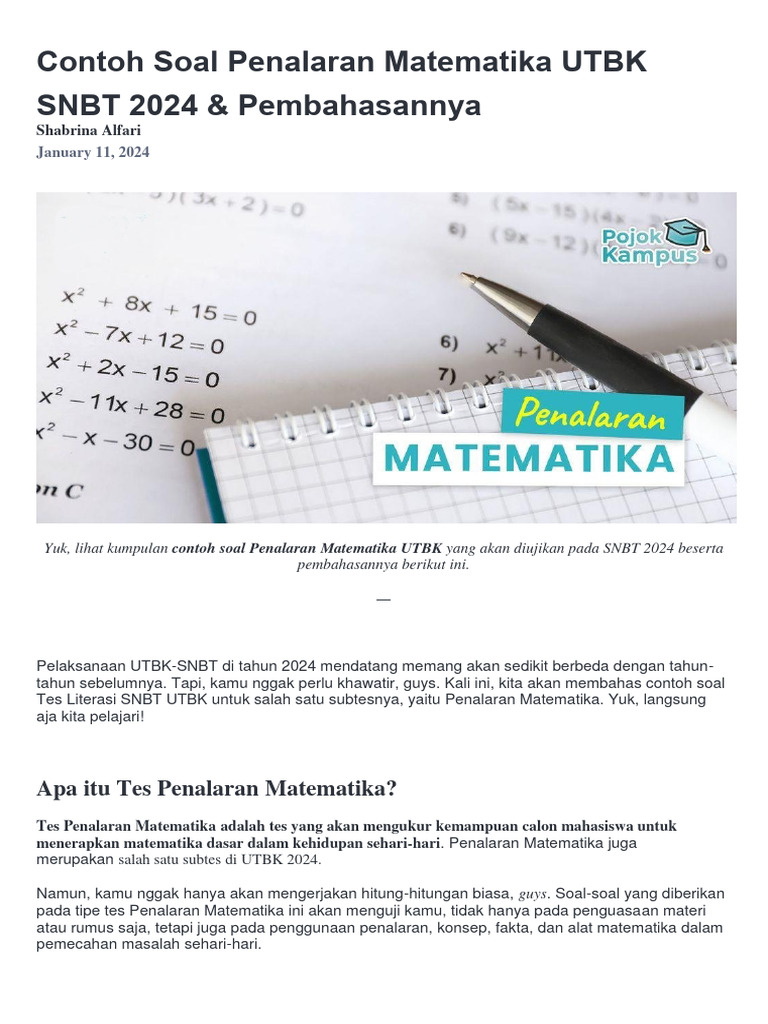Contoh Soal Penalaran Matematika UTBK SNBT 2024 & Pembahasannya Rev ...