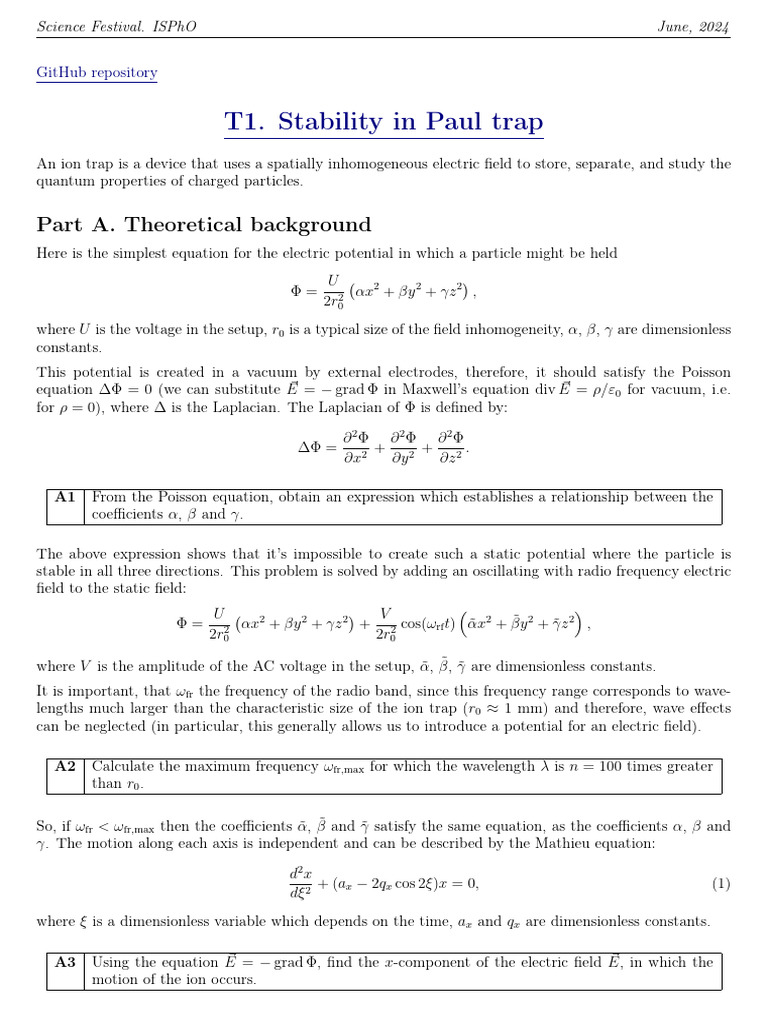 T1. Stability in Paul Trap: Part A. Theoretical Background | PDF | Physical Quantities | Physics