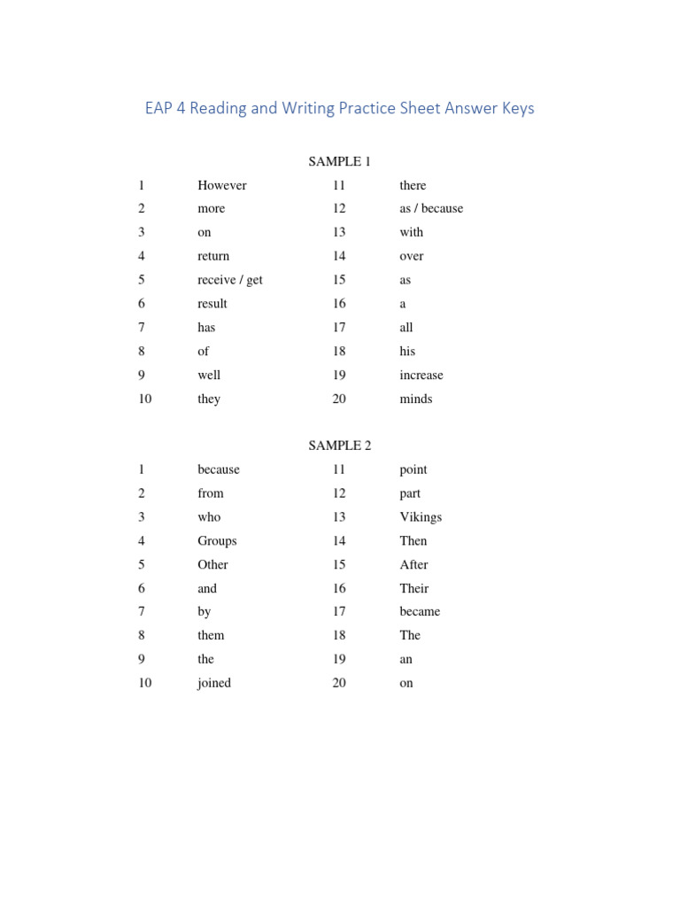 EAP 4 Reading and Writing Answer Keys | PDF