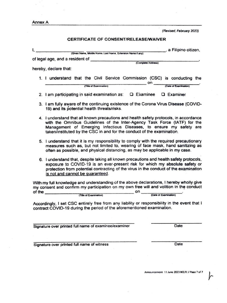 Certificate of Consent Release Waiver Revised 2023 | PDF
