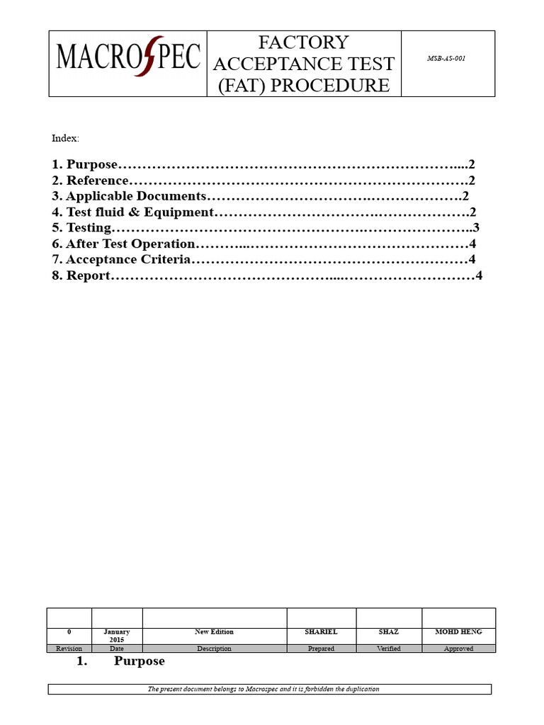 FACTORY ACCEPTANCE TEST PROCEDURE - MACROSPEC | PDF | Valve | Leak