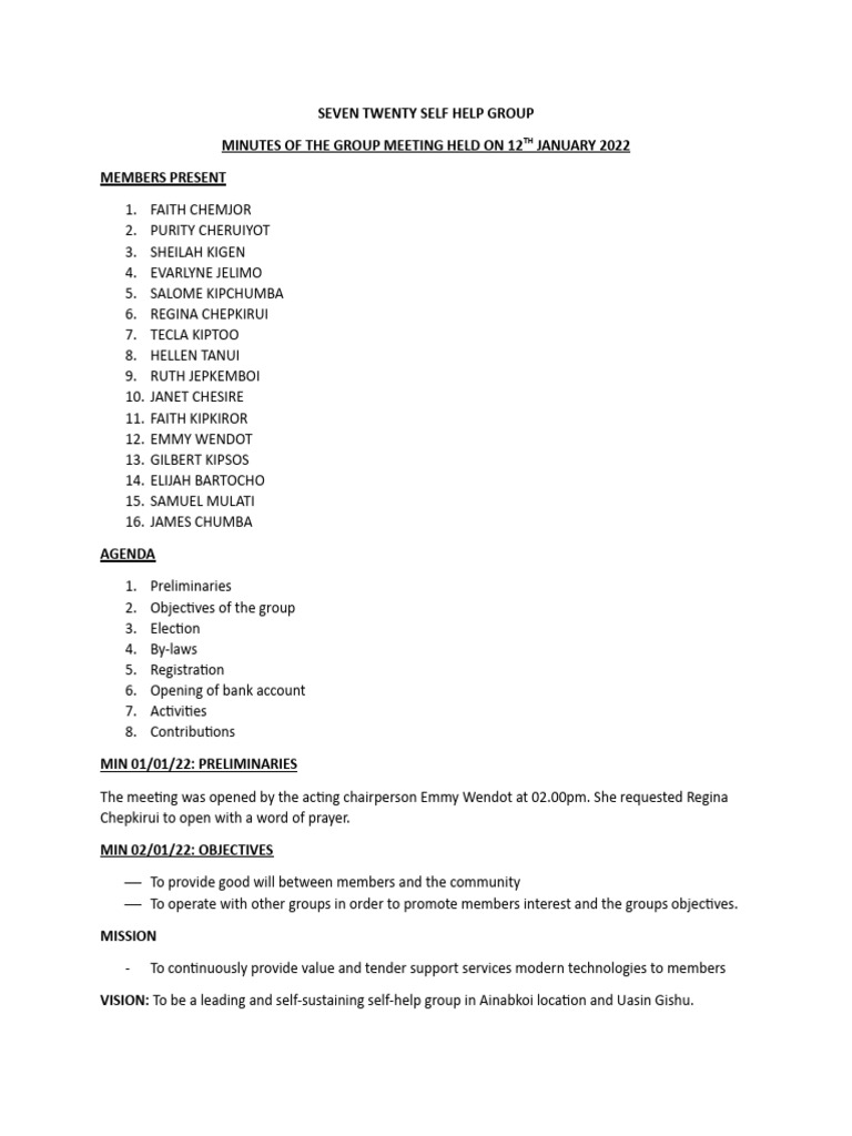 Seven Twenty Self Help Group Minutes | PDF | Government