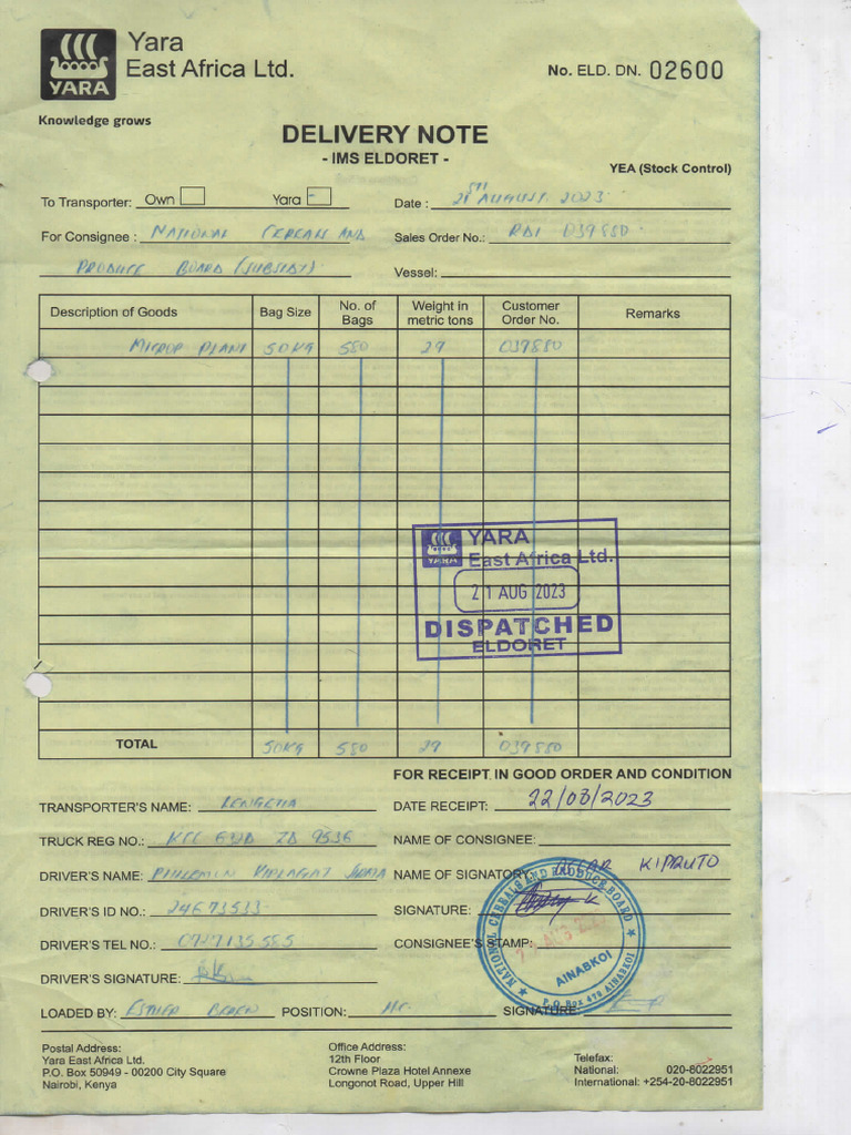 Delivery Notes-Yara Micro-Ainabkoi Depot | PDF