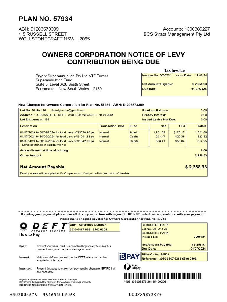 Owners Corporation Levy Notice - Wollstonecraft | PDF | Cheque | Payments