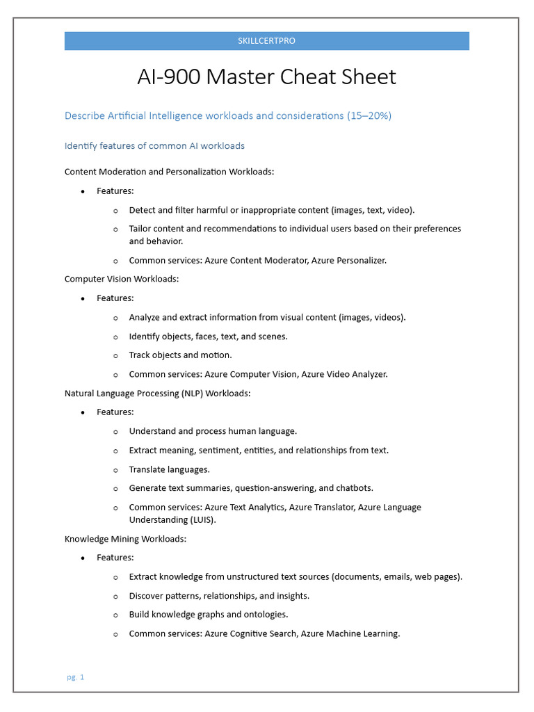 AI 900 Master Cheat Sheet | PDF | Machine Learning | Artificial ...