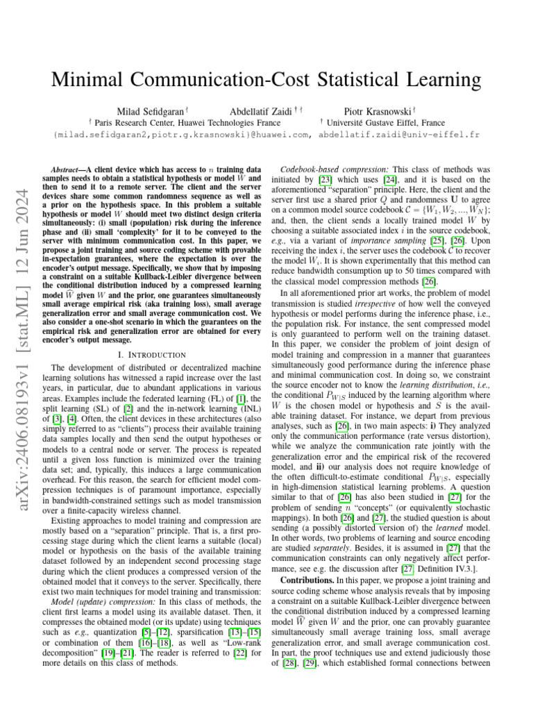 Minimal Communication-Cost Statistical Learning: Milad Sefidgaran Abdellatif Zaidi Piotr ...