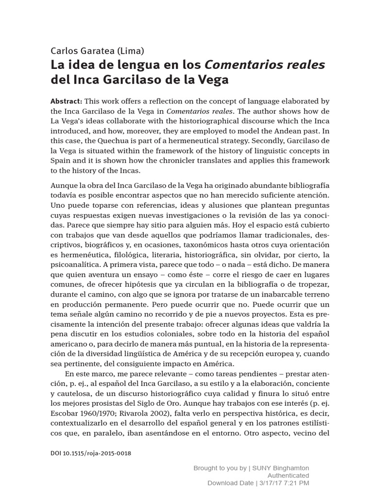 La Idea de Lengua en Los Comentarios Reales Del Inca Garcilaso de La ...