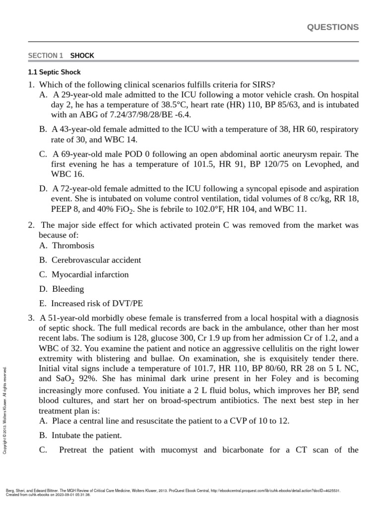 The MGH Review of Critical Care Medicine - (Questions) | PDF | Shock ...