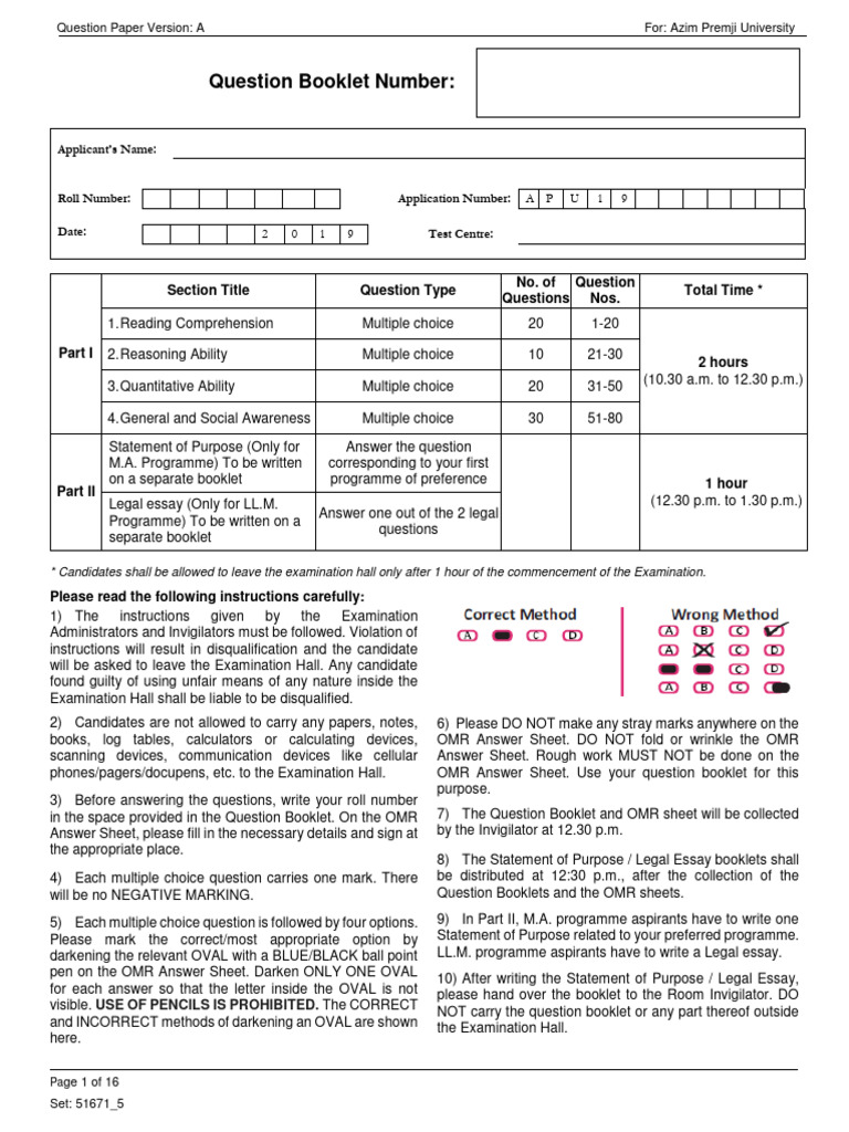 Azim Premji University Exam Instructions | PDF | Air Pollution ...