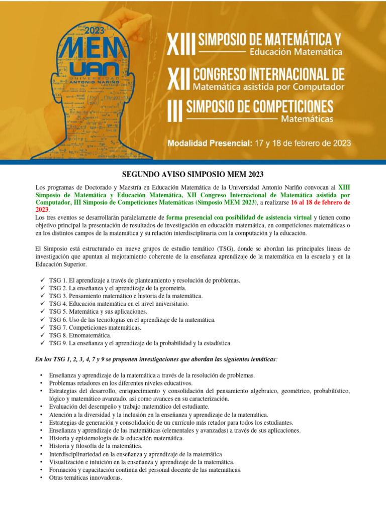 Segundo Aviso Simposio MEM 2023 | PDF | Matemáticas | Enseñando