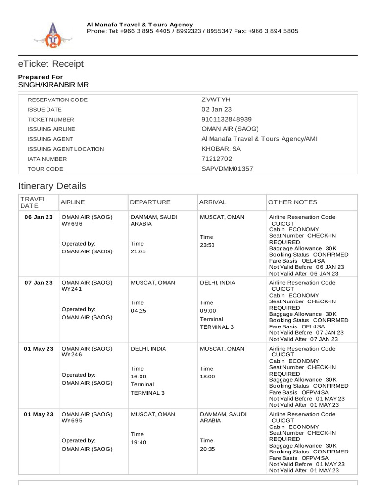 Electronic Ticket Receipt January 06 For Mr Kiranbir Singh Pdf