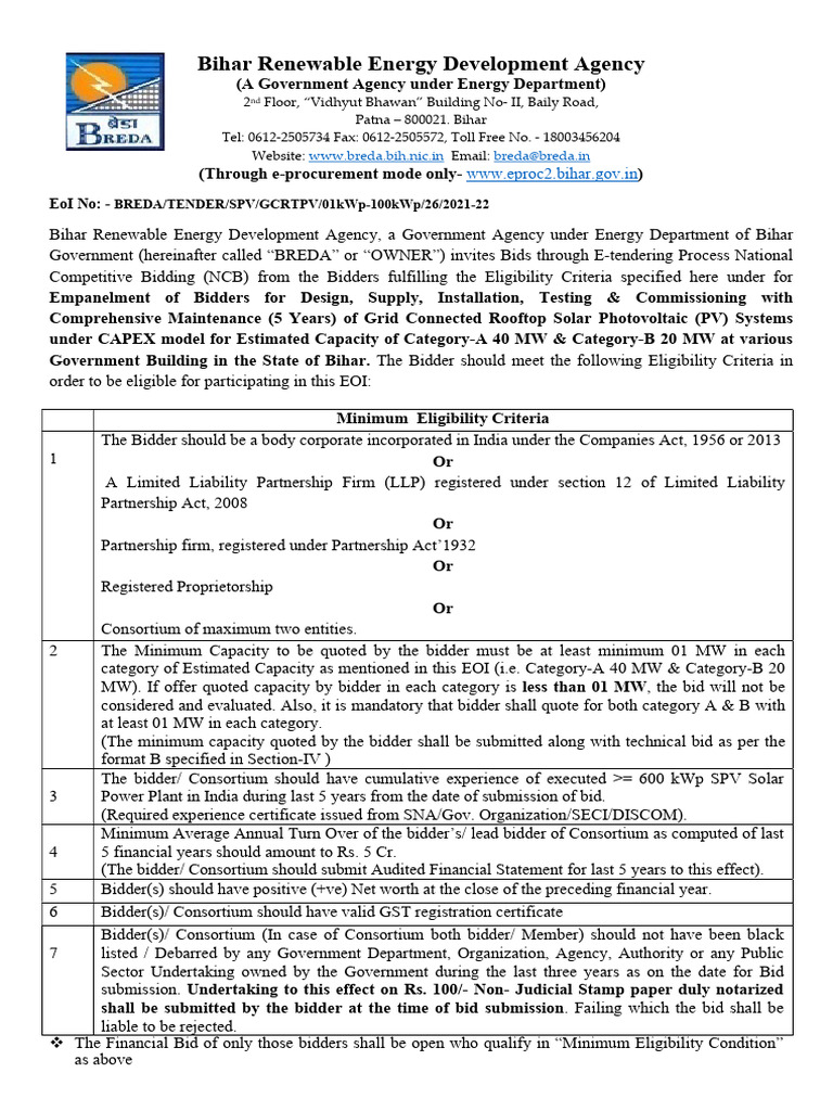Bihar Renewable Energy Development Agency: Eoi No | PDF | Photovoltaics | Photovoltaic System