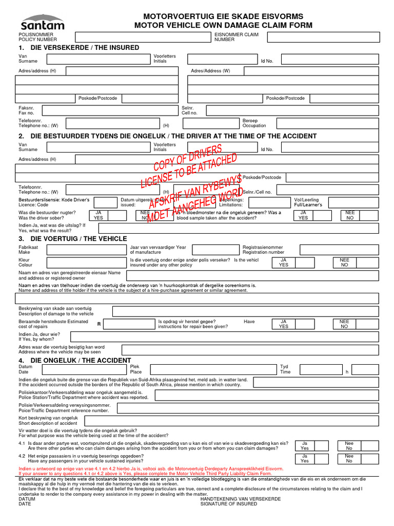 Motor Vehicle Own Damage Claim Form | PDF