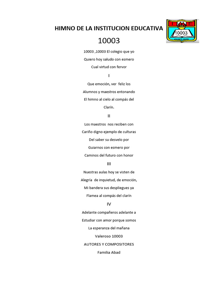 Himno de La Institucion Educativa 10003 | PDF