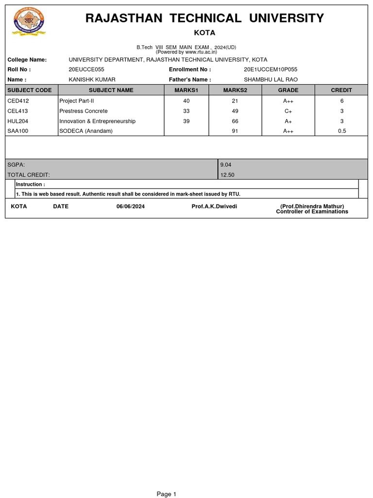 RTU B.Tech VIII Sem Exam Results 2024 | PDF
