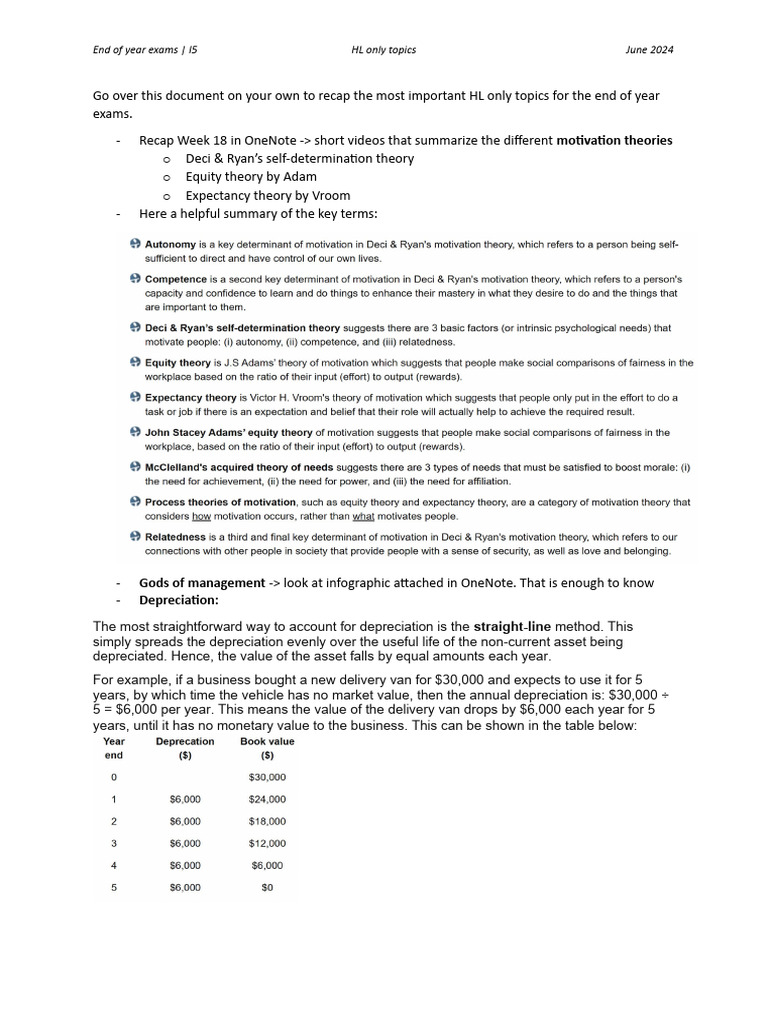 EOY Exams - Recap HL Topics | PDF | Depreciation | Book Value