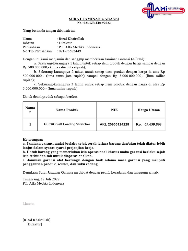 Surat Jaminan Garansi PT Alfa Medika | PDF | Pengelolaan Keuangan & Uang