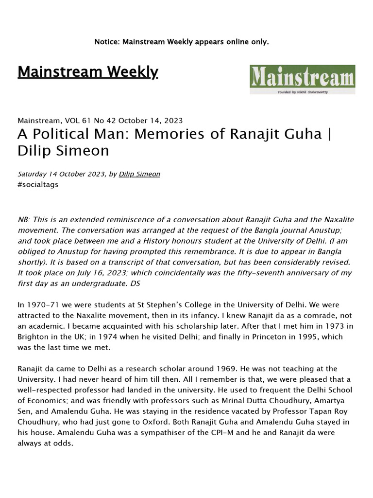 A Political Man - Memories of Ranajit Guha - Dilip Simeon - Mainstream ...