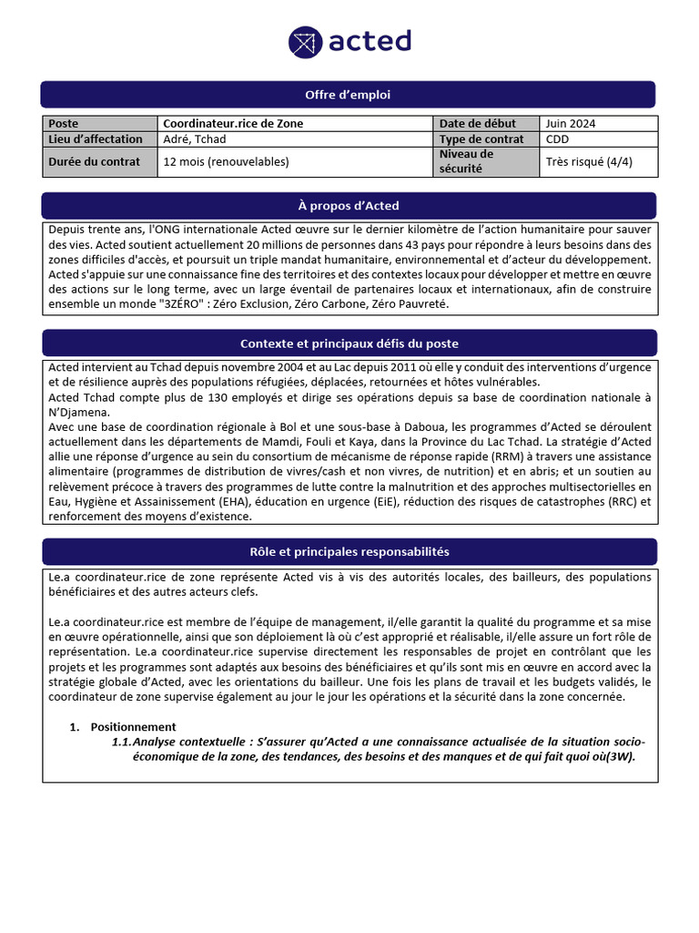 Coordinateur.rice de Zone - Acted Tchad | PDF | Sécurité | Tchad