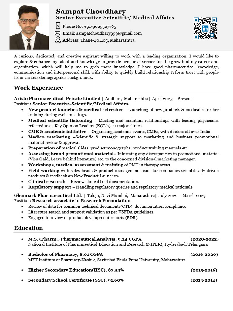 Sampat Dhalaram Choudhary Resume | PDF | Clinical Trial | Health Care