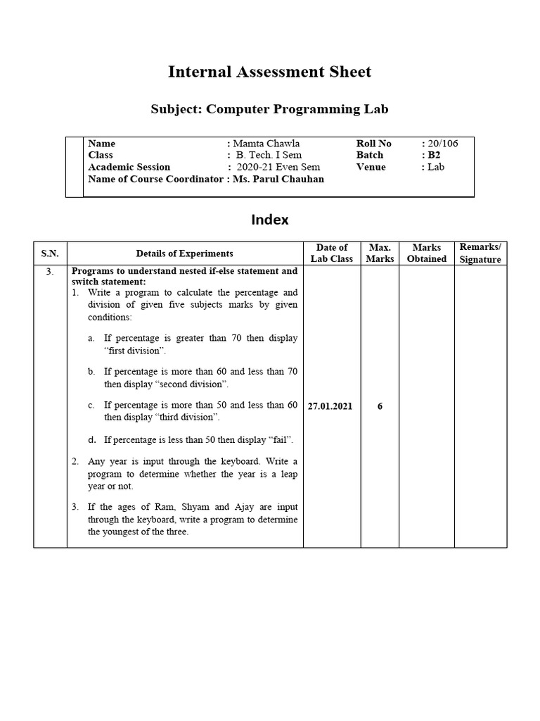 Internal Assessment Sheet 3 Mamta Chawla | PDF | Computer Science ...