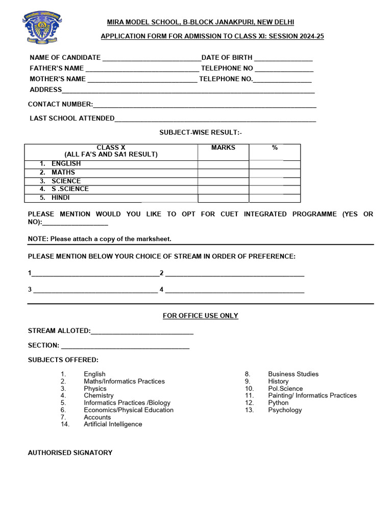 Class Xi Stream Choice Form | PDF | Science